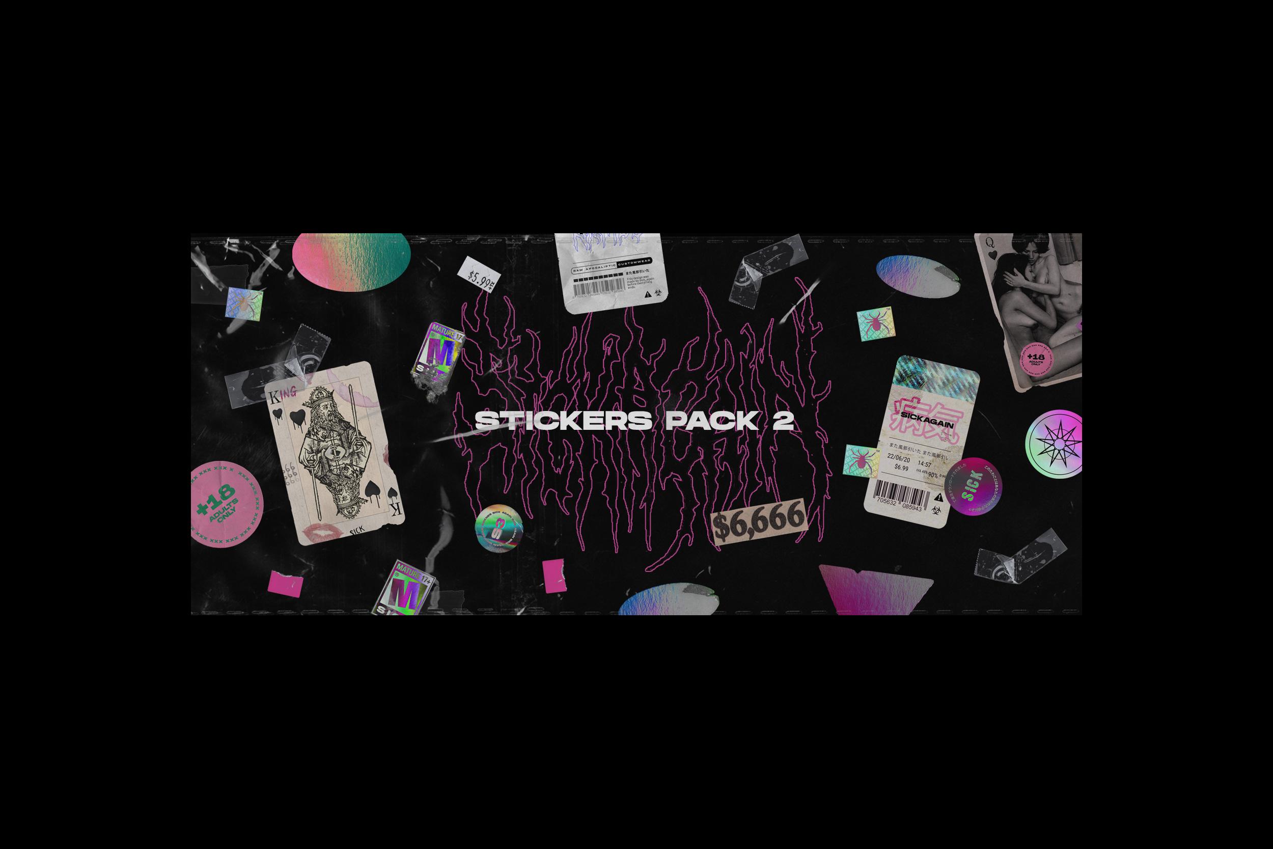 新复古酸性艺术颓废贴纸镀铬镭射标签贴纸装饰设计素材 Stickers pack 2 - 摄视觉