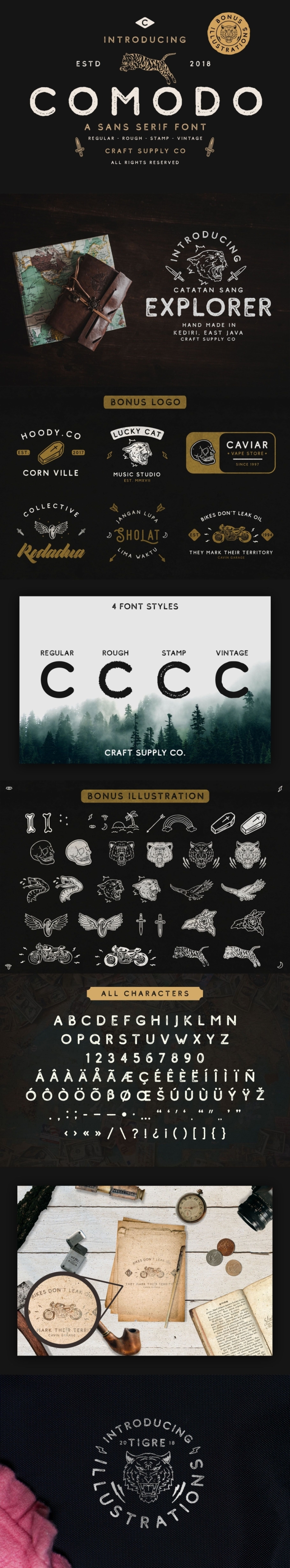 破旧粗糙复古的英文字体 Comodo Font Family + Illustrations - 摄视觉